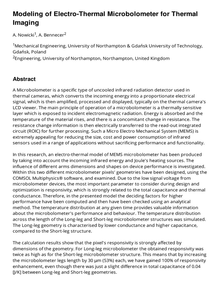 Modeling of Electro-Thermal Microbolometer For Thermal Imaging | PDF ...