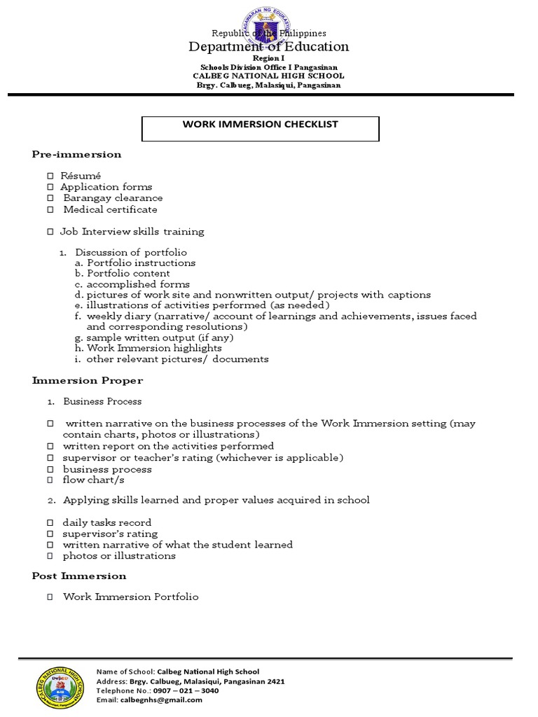 Department of Education: Work Immersion Checklist | PDF