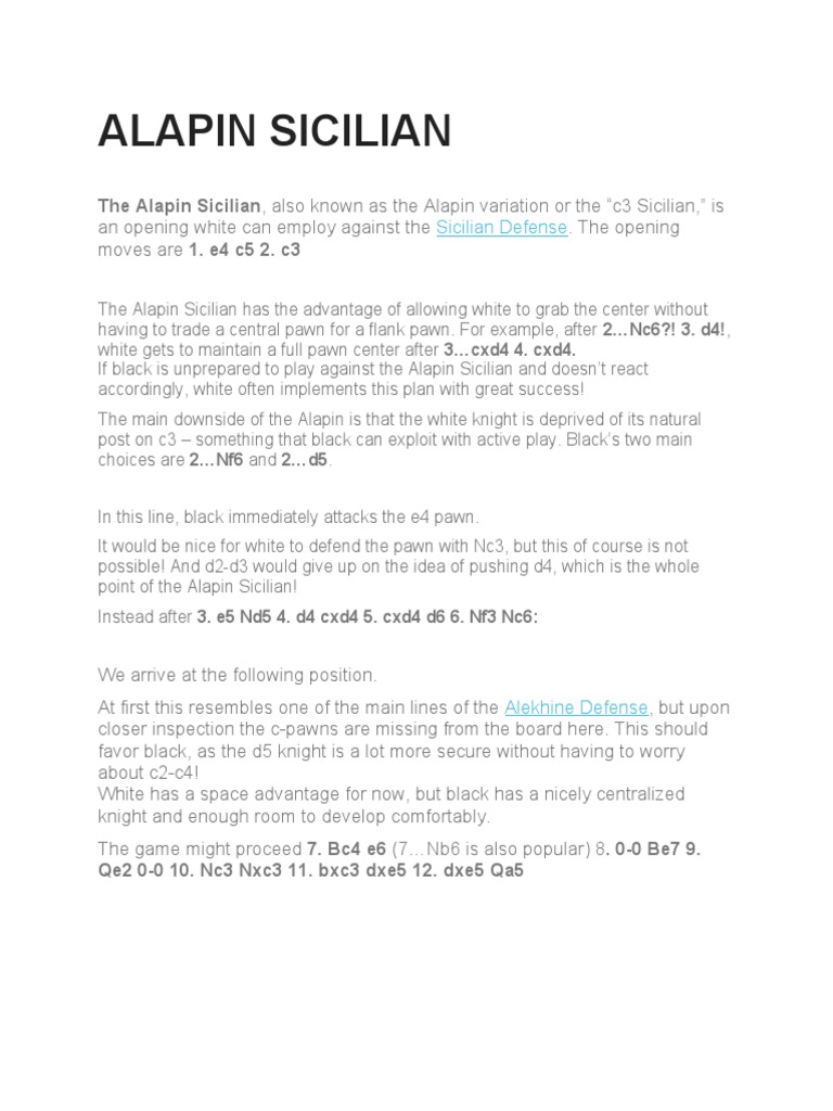 Alapin Sicilian: The Alapin Sicilian, Also Known As The Alapin ...