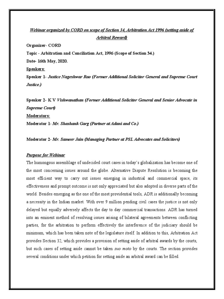 Webinar Organized By Cord On Scope Of Section 34 Arbitration Act 1996