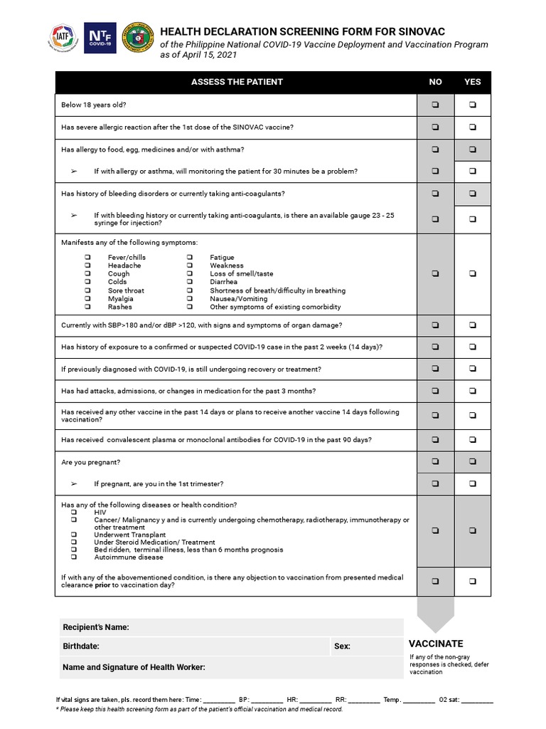 Sinovac - April 15 2021 (Health Declaration Screening Form) | PDF ...