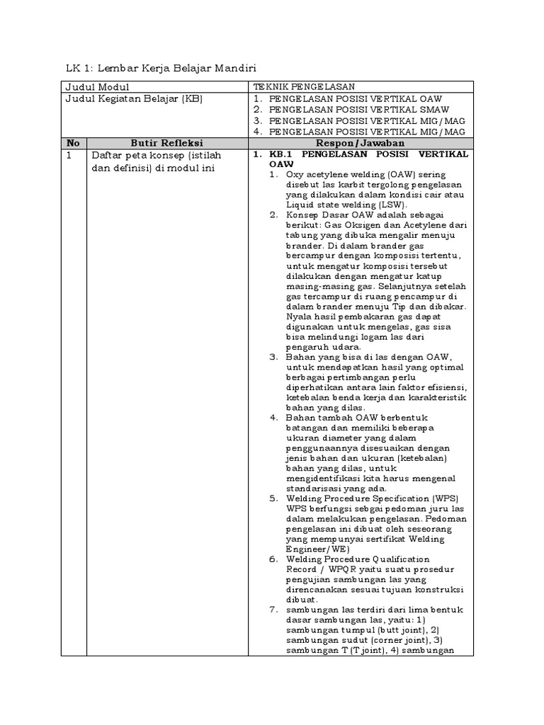 LK 1 - Lembar Kerja Belajar Mandiri - MODUL 2 - TEKNIK PENGELASAN | PDF
