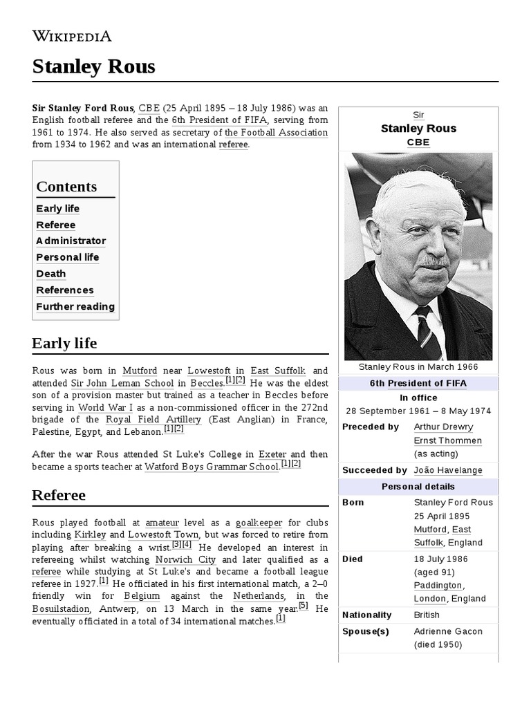 Stanley Rous: Sir Stanley Ford Rous, CBE (25 April 1895 - 18 July 1986 ...