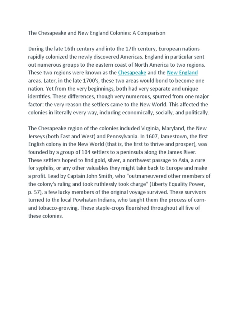 The Chesapeake and New England Colonies | PDF | Travel
