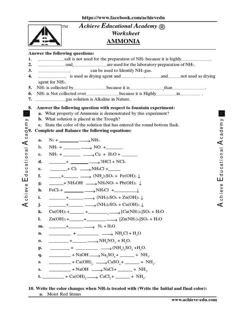 Ammonia: Worksheet | PDF | Ammonia | Hydroxide