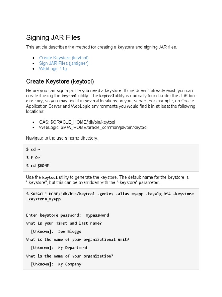 Signing JAR Files: Create Keystore (Keytool) | PDF | Software ...