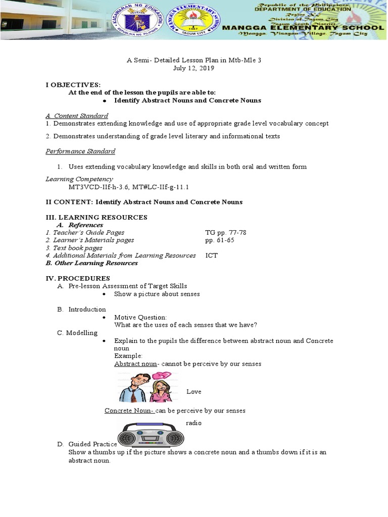 Abstract and Concrete Nouns Lesson Plan | PDF