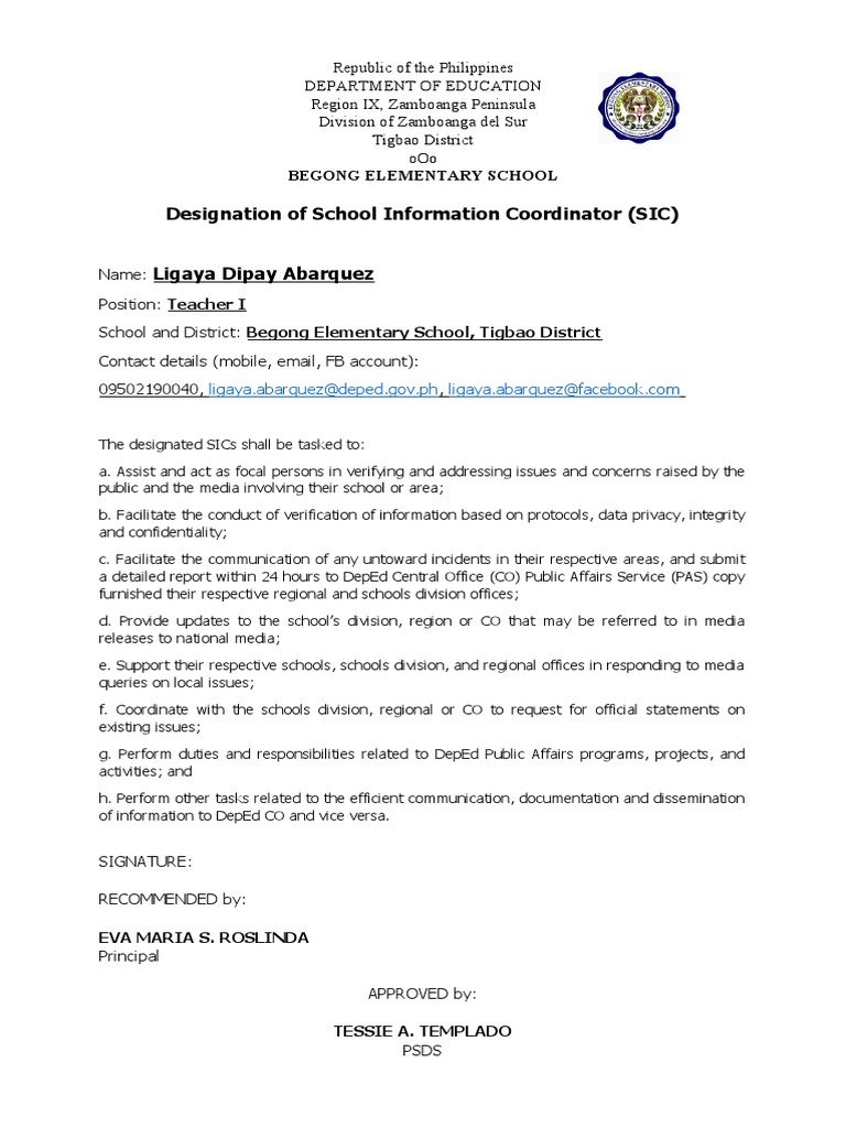 Designation of School Information Coordinator | PDF