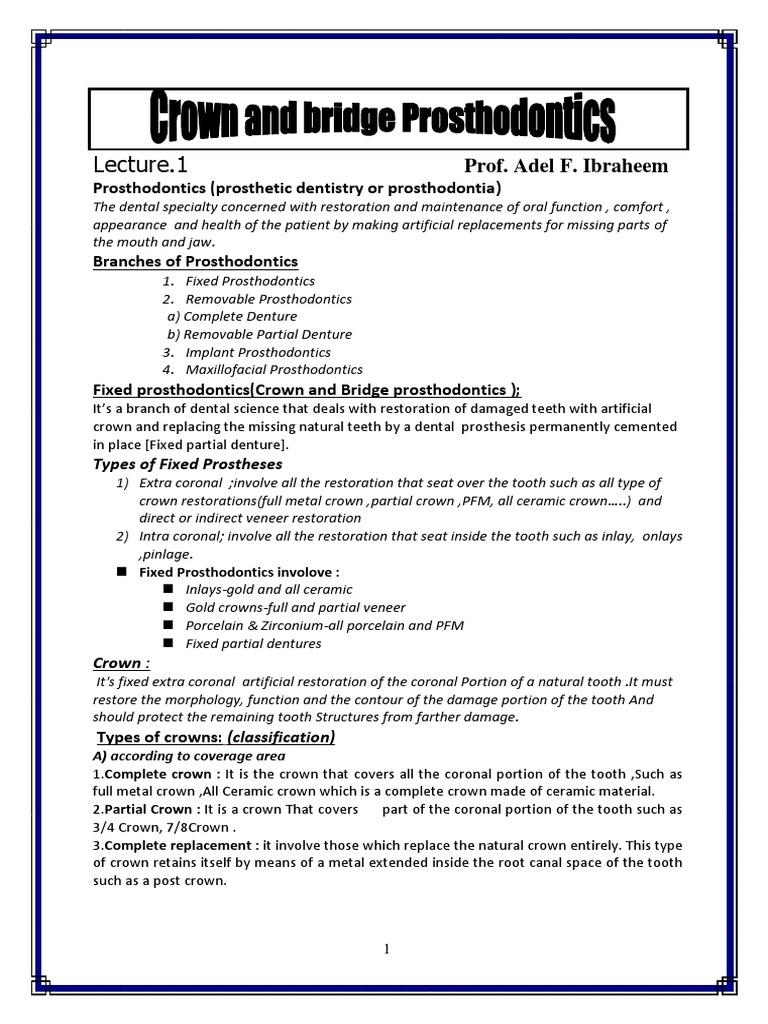 Overview of Fixed Prosthodontics | PDF | Prosthodontics | Dentistry