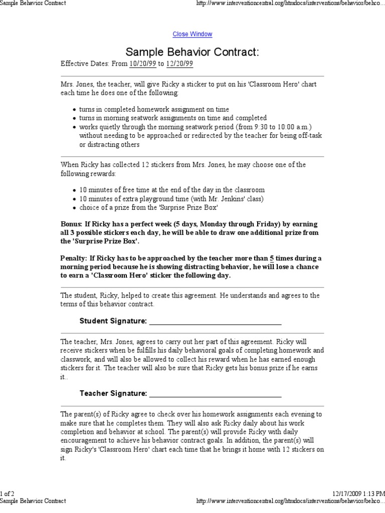 Sample Behavior Contract | PDF | Homework | Behavior Modification