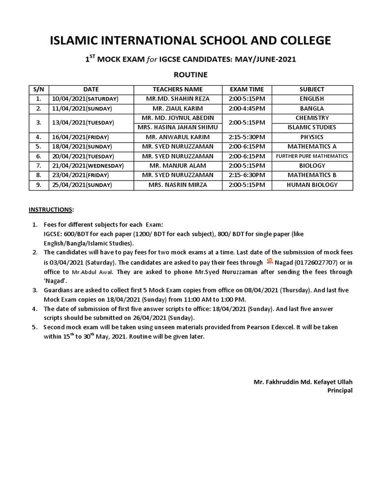 1st Mock Exam Routine (IGCSE) | PDF