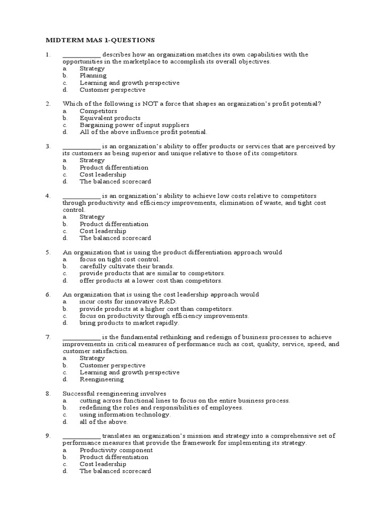 Midterm Mas 1-Questions | PDF | Cost | Investing