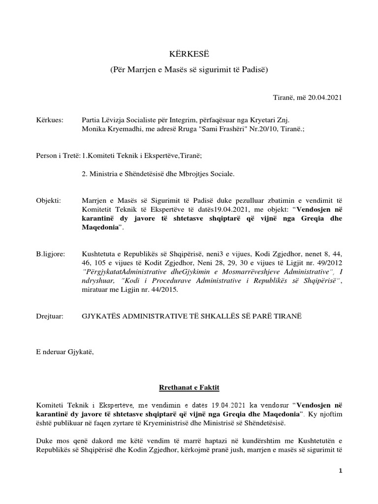 Kerkese Per Marrjen e Mases Se Sigurise Komiteti I Eksperteve | PDF