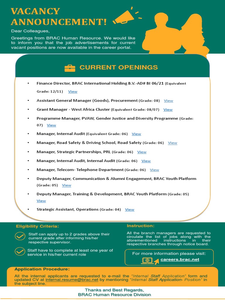 BRAC Internal Job Vacancies Announcement | PDF | Career & Growth