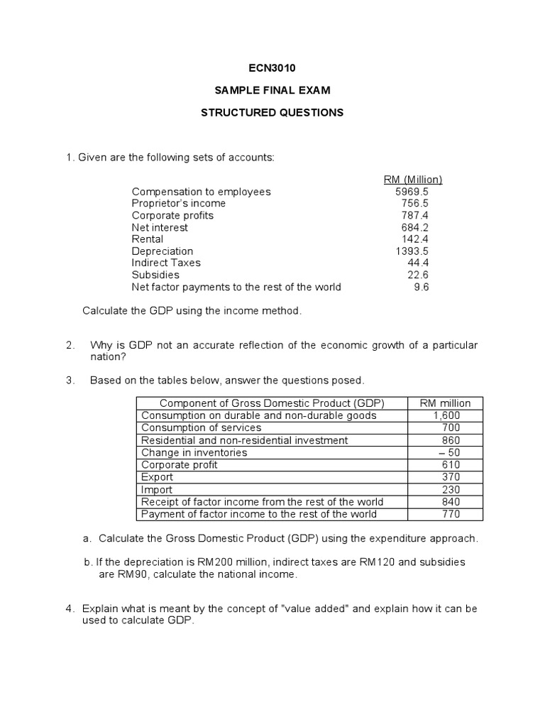 Sample Structured Questions. ECN3010 | PDF | Gross Domestic Product ...