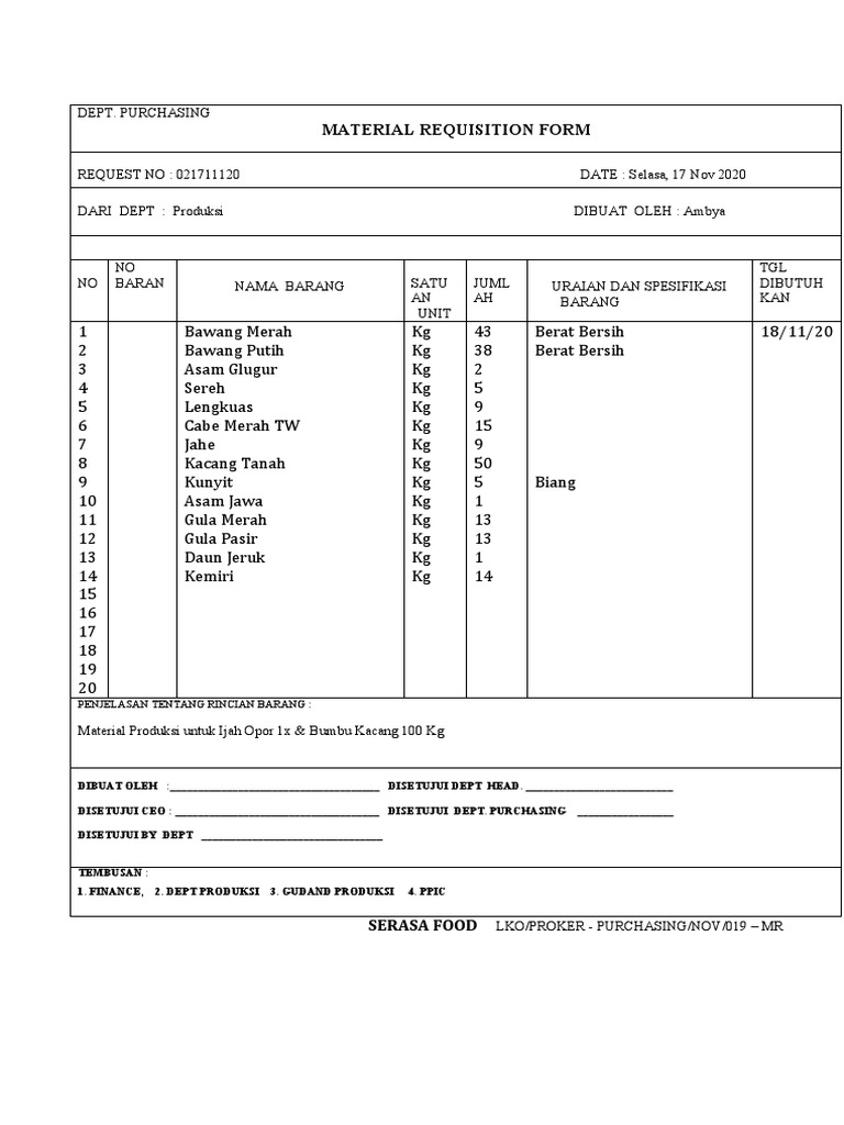 Form Material Request 2020 | PDF