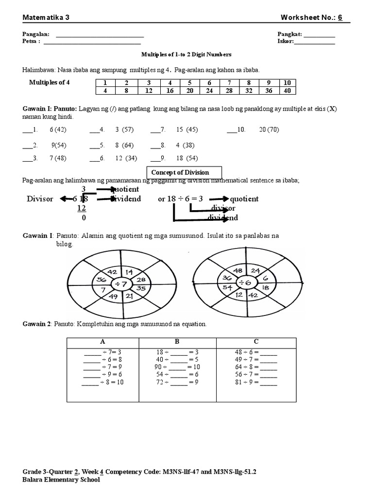 Q2 Math 3 Worksheet Wk. 6 | PDF