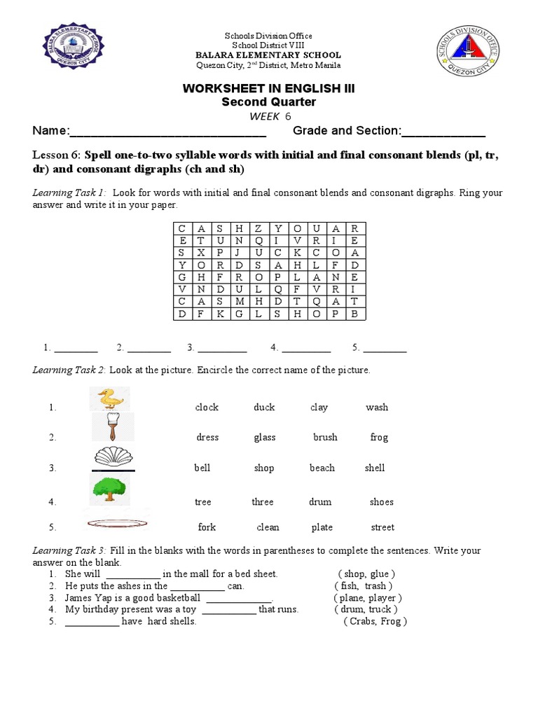 Week 6 Name: - Grade and Section: - Lesson 6: Spell One-To-Two Syllable ...