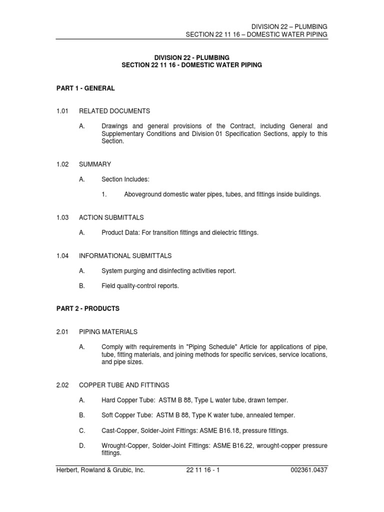 Division 22 - Plumbing Section 22 11 16 - Domestic Water Piping | PDF ...