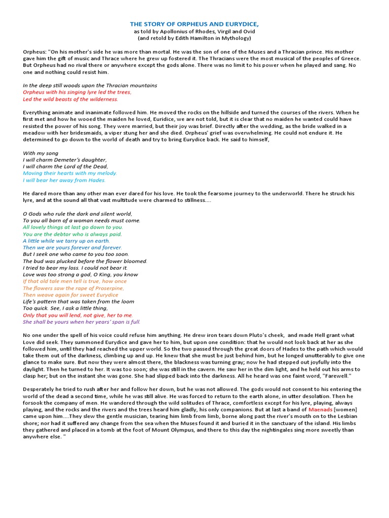 The Story of Orpheus and Eurydice,: Orpheus With His Singing Lyre Led ...