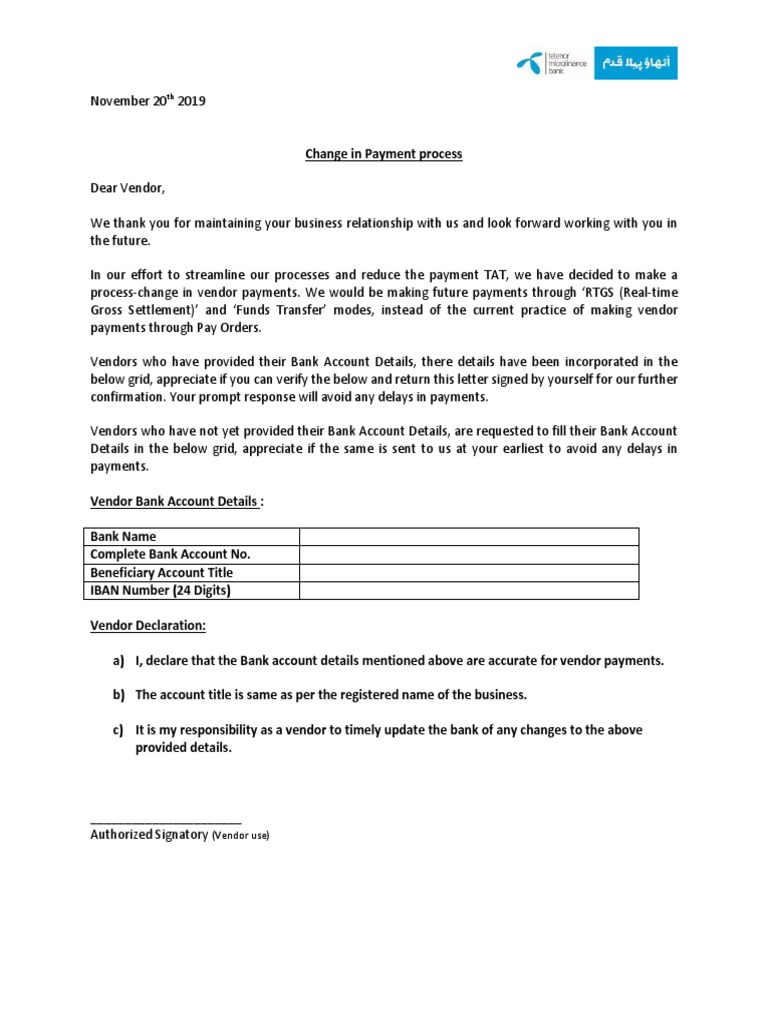 Vendor Payment Instruction Letter Via FT-RTGS | PDF