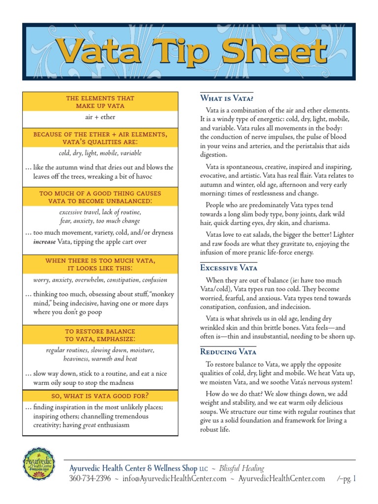 AHCWS Tip Sheet Vata | PDF | Ayurveda | Foods