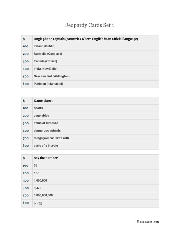 Jeopardy Card Game: ESL Topics | PDF | Sports & Recreation