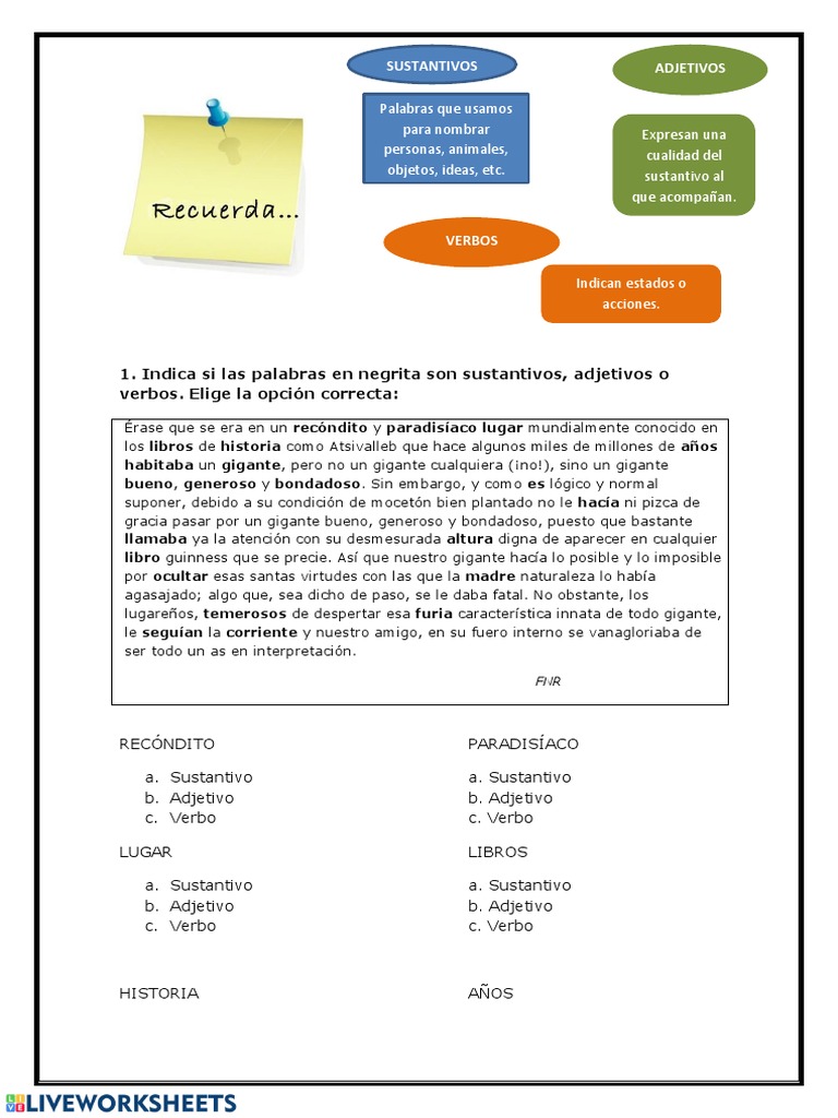 Repaso de Sustantivos, Adjetivos y Verbos | PDF | Adjetivo | Verbo