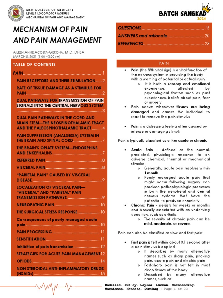 Mechanisms and Management of Pain | PDF | Pain | Stimulus (Physiology)