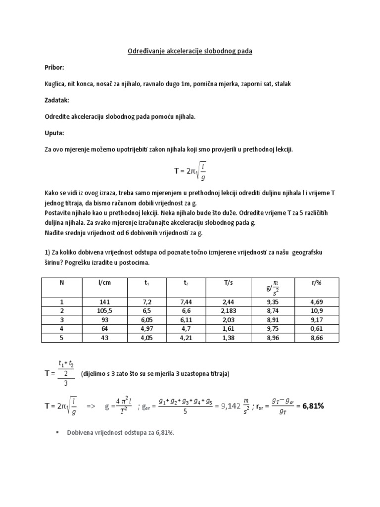 Određivanje akceleracije slobodnog pada | PDF