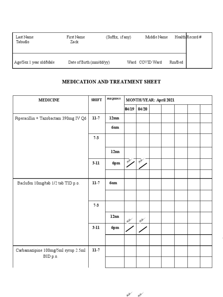 Medication and Treatment Sheet. CRMC | PDF