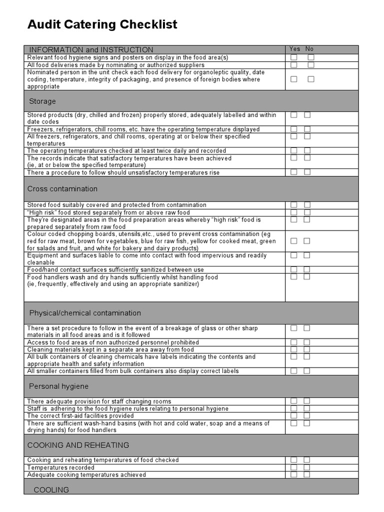 Audit Catering Check List | PDF | Hygiene | Refrigerator