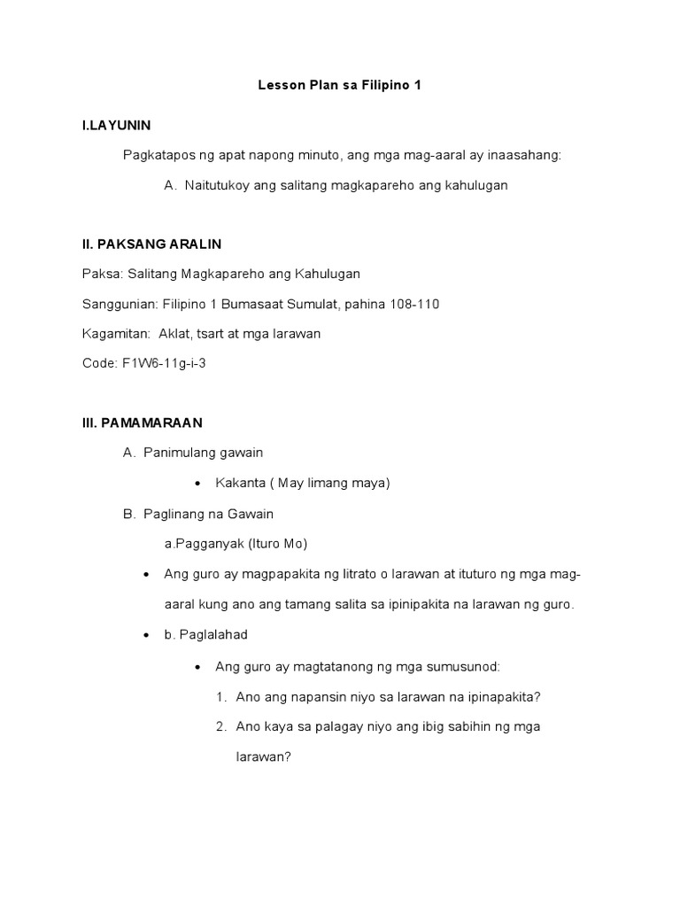 Lesson Plan Sa Filipino 1 | PDF