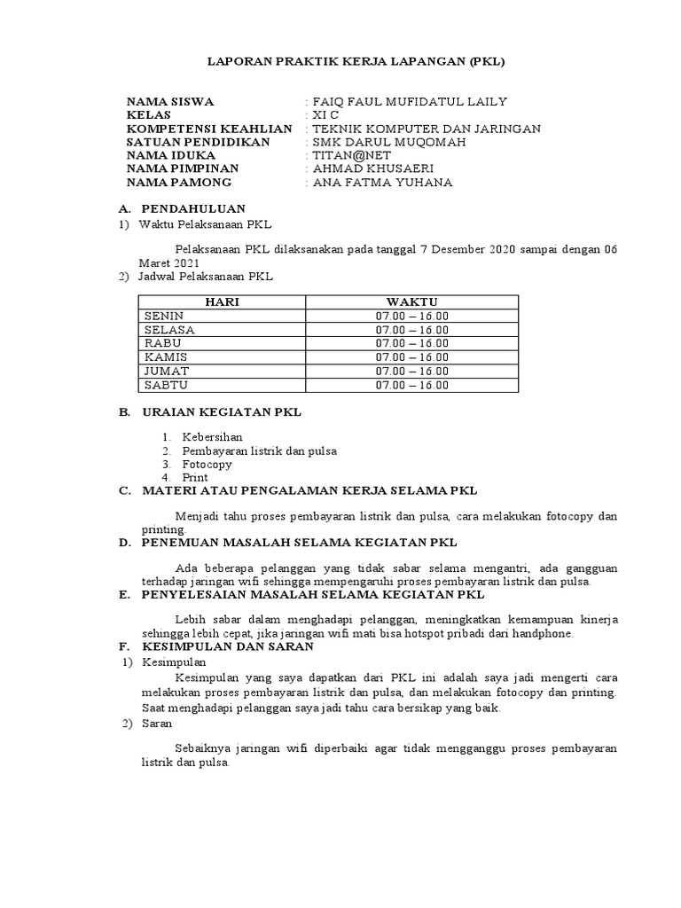 Contoh Laporan PKL | PDF