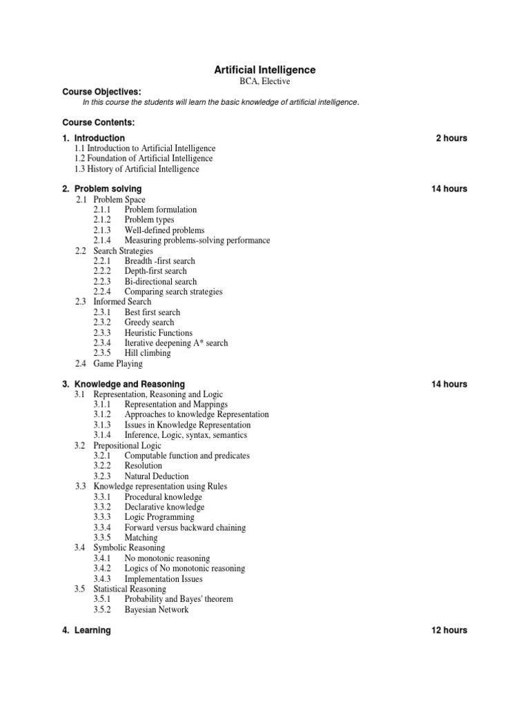 Artificial Intelligence Syllabus | PDF | Knowledge Representation And ...