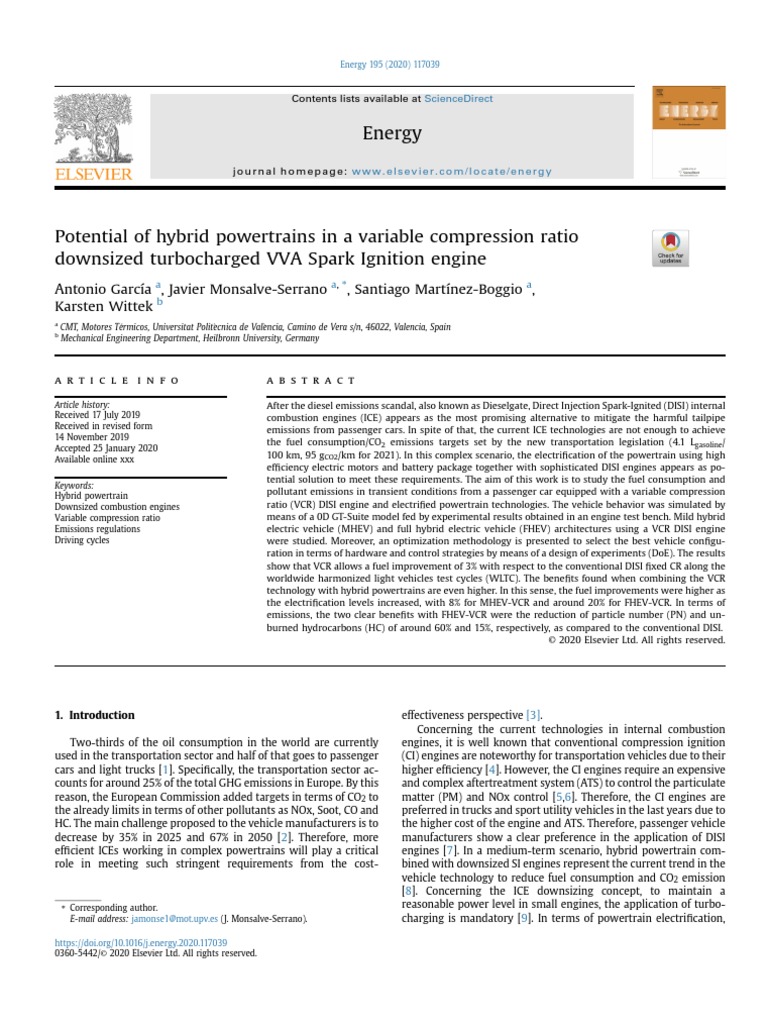 Potential of Hybrid Powertrains in A Variable Compression Ratio ...