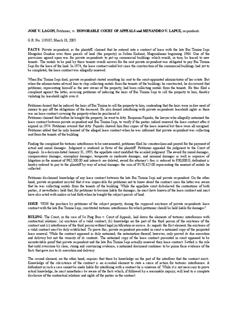 Tortious Interference Case Analysis | PDF | Leasehold Estate | Damages