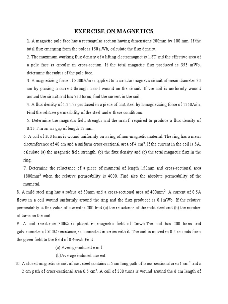 Exercise On Magnetism | PDF | Inductor | Quantity