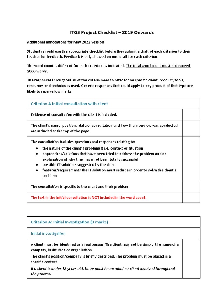 ITGS IGCSE Internal Assessment Project Checklist - 2019 Onwards | PDF ...