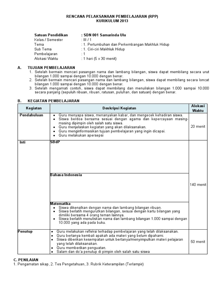 Contoh RPP 1 Lembar - Matematika | PDF
