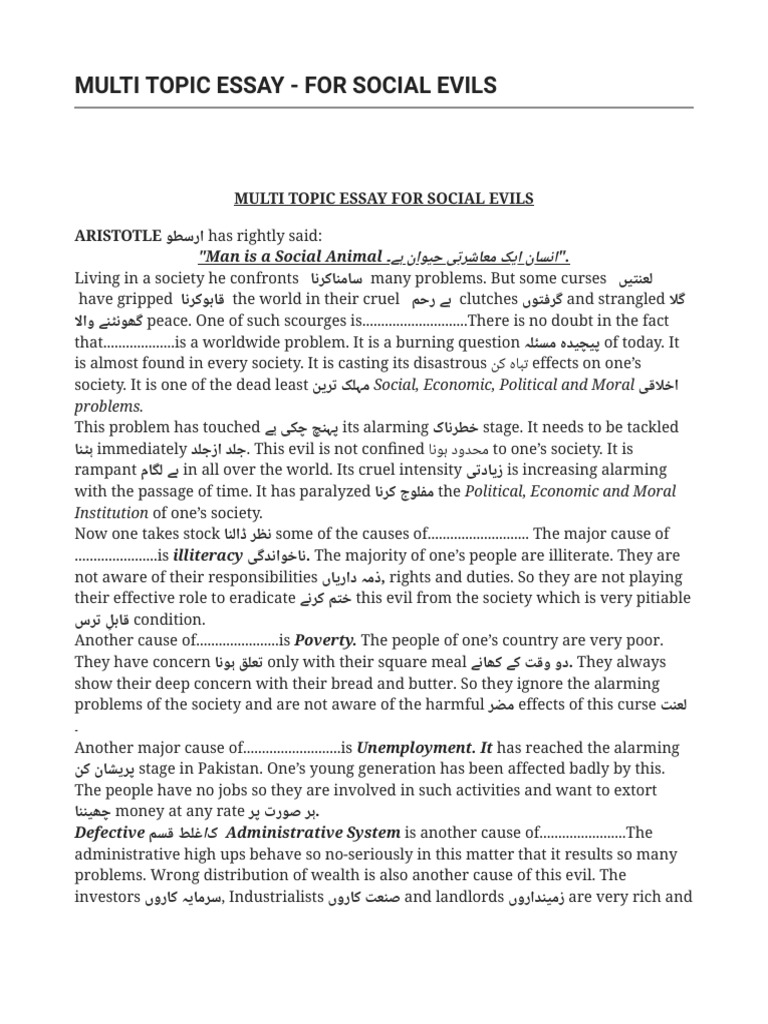 Multi Topic Essay - For Social Evils | PDF | Poverty | Poverty ...