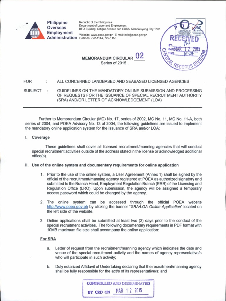 MC - 02-2015 Online Submission of SRA and LOA Application | PDF