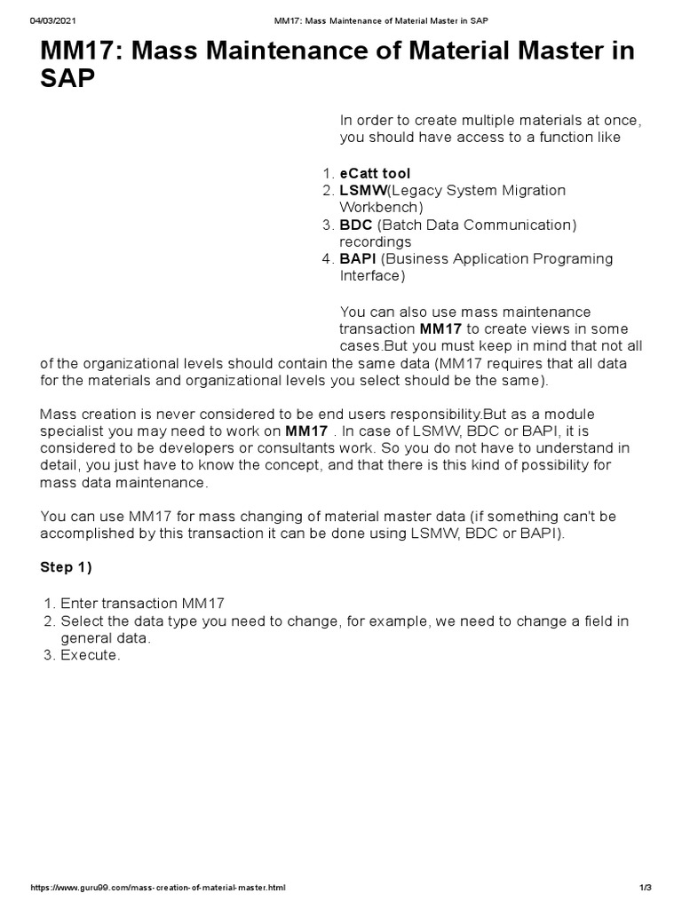 MM17 - Mass Maintenance of Material Master in SAP | PDF | Personal ...