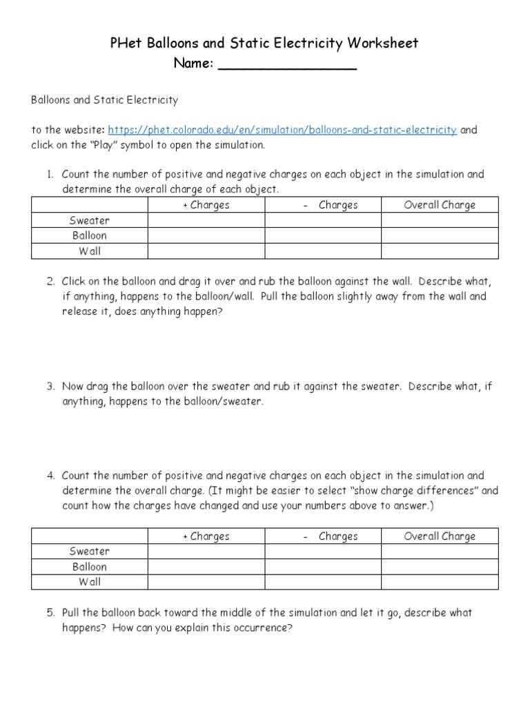 Phet Balloons and Static Electricity Worksheet Name | Download Free PDF ...