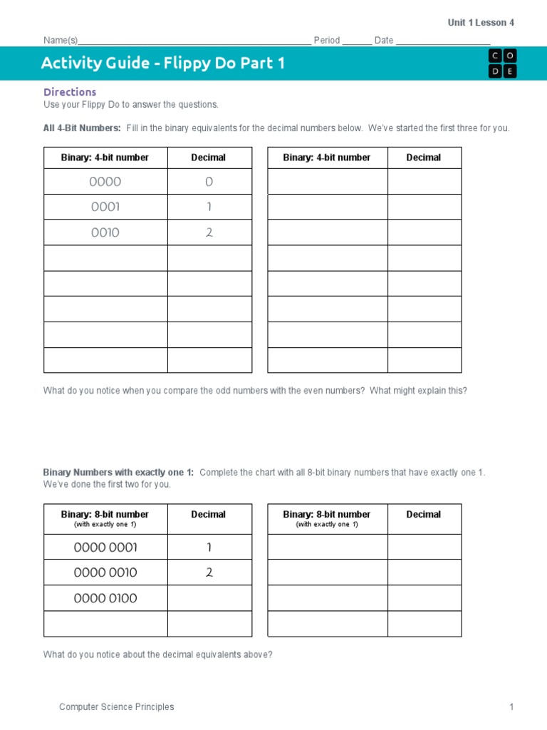 Activity Guide - Flippy Do PT 1 - Unit 1 Lesson 4 | PDF | Decimal | Numbers