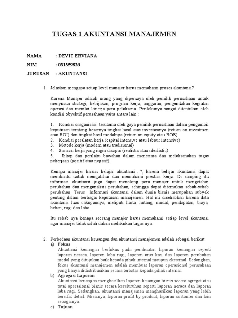 Tugas 1 Akuntansi Manajemen Devit Erviana | PDF | Bisnis