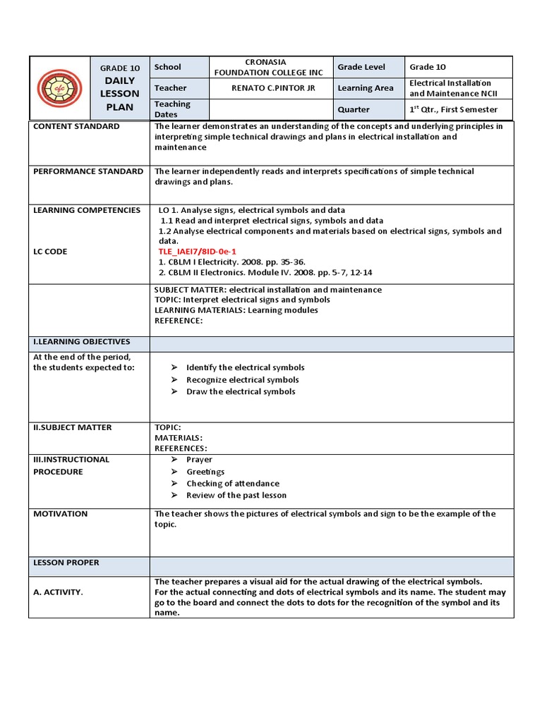 Electrical Symbols Lesson Plan | PDF | Lesson Plan | Teachers