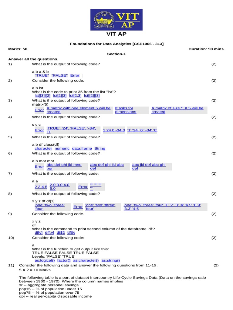 Vit Ap: Foundations For Data Analytics (CSE1006 - 313) Marks: 50 Duration: 90 Mins. Section-1 ...