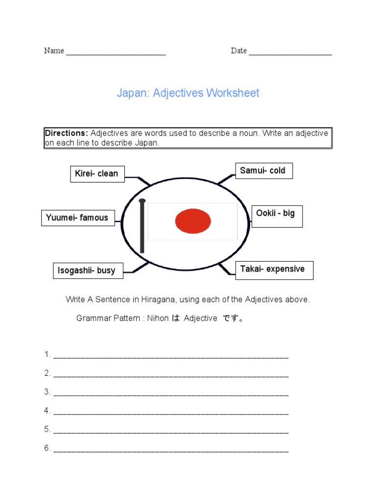 Japan: Adjectives Worksheet: Kirei-Clean Samui - Cold | PDF
