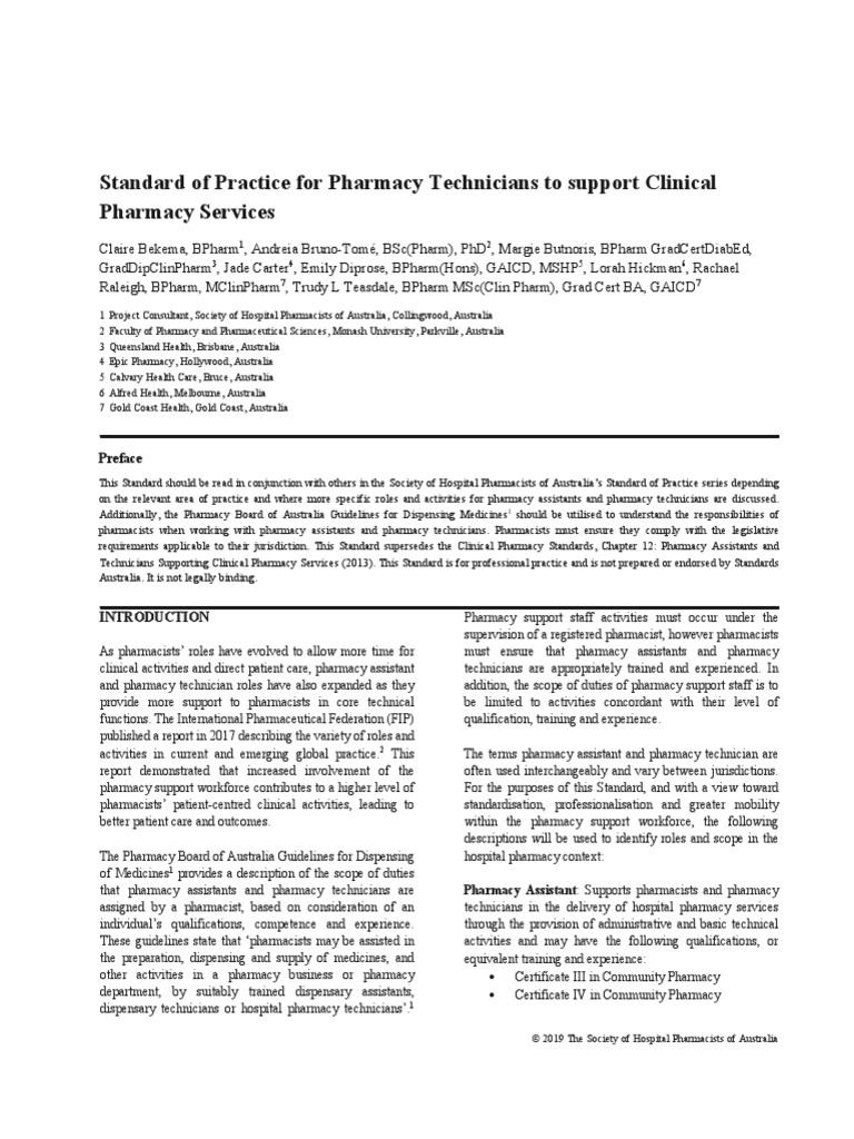 Standard of Practice For Pharmacy Technicians To Support Clinical ...